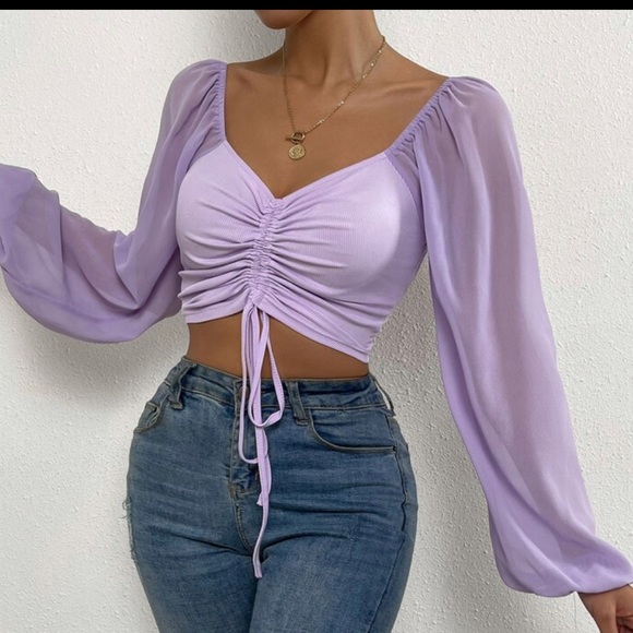 Boture | Tops | Drawstring Front Sheer Puff Sleeve Crop Top | Poshmark